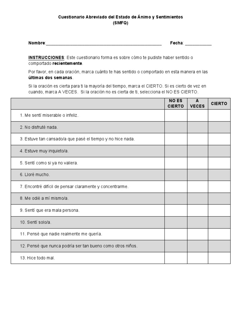 SMFQ | PDF | Trastorno depresivo mayor | Sicología