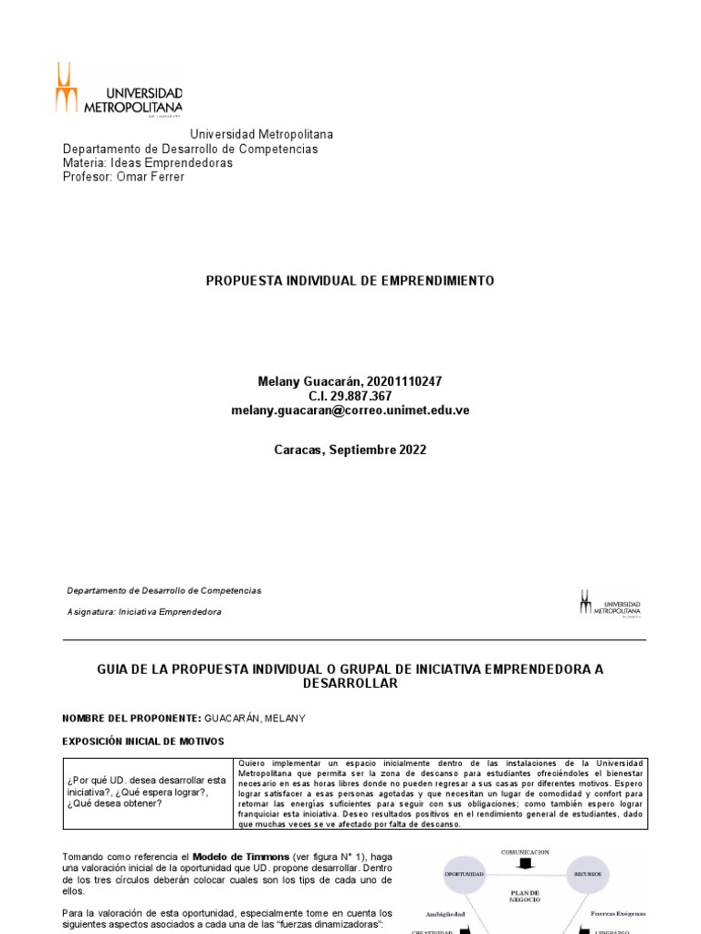 Idea Individual de Emprendimiento Modelo Timmons | PDF | Iniciativa ...