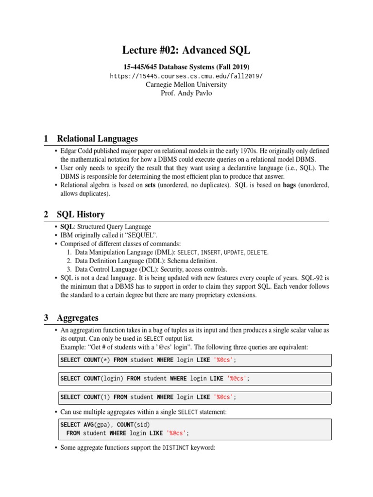 02 Advancedsql | PDF | Sql | Relational Model