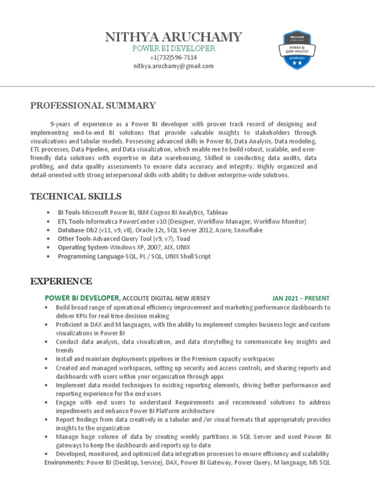 Nithya Aruchamy-Power BI-Resume | PDF | Microsoft Sql Server | Sql Nithya Aruchamy-Power BI-Resume | PDF | Microsoft Sql Server | Sql
