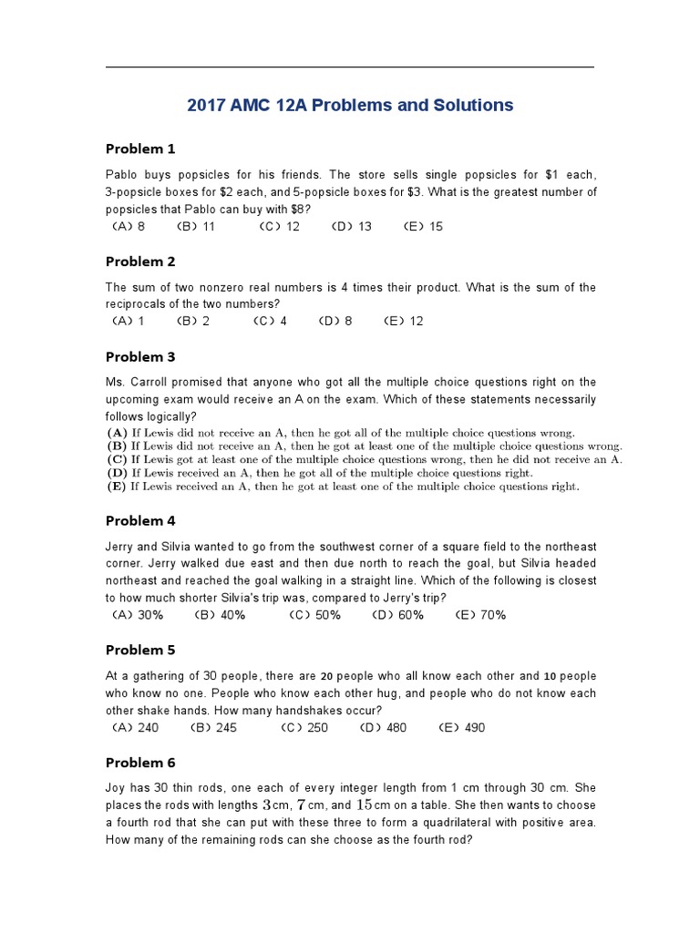 2017 AMC 12A Problems and Solutions: Problem 1 | PDF | Triangle | Mathematics