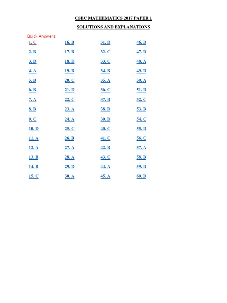 CSEC MATHEMATICS 2017 PAPER 1 (Solutions With Explanations) | Download ...