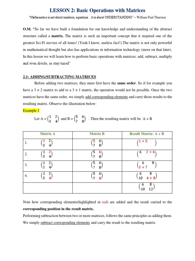 4th Form Math (Lesson 2 - Basic Operations With Matrices) | PDF ... 4th Form Math (Lesson 2 - Basic Operations With Matrices) | PDF ...