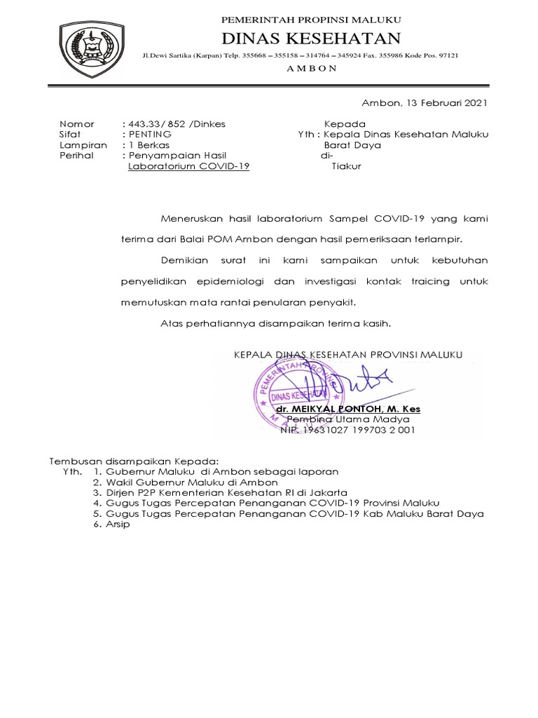 Surat Hasil Lab - DINKES MBD (130221) | PDF
