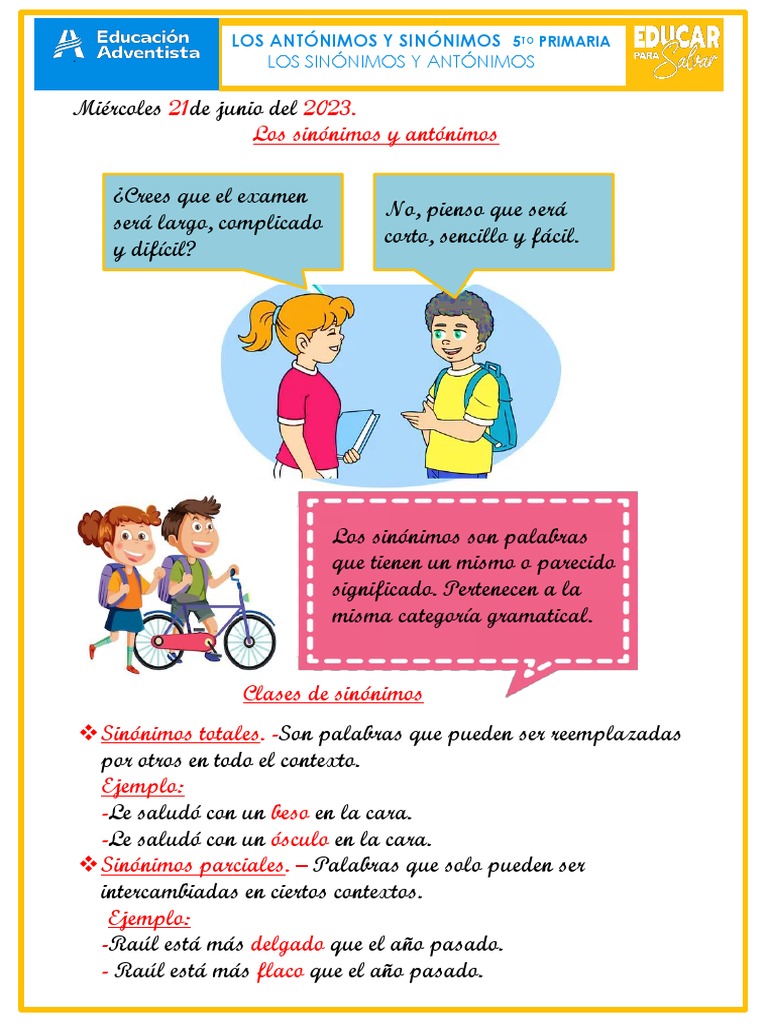 Clase Los Sinónimos y Antónimos 5to | PDF | Lingüística | Ciencia cognitiva