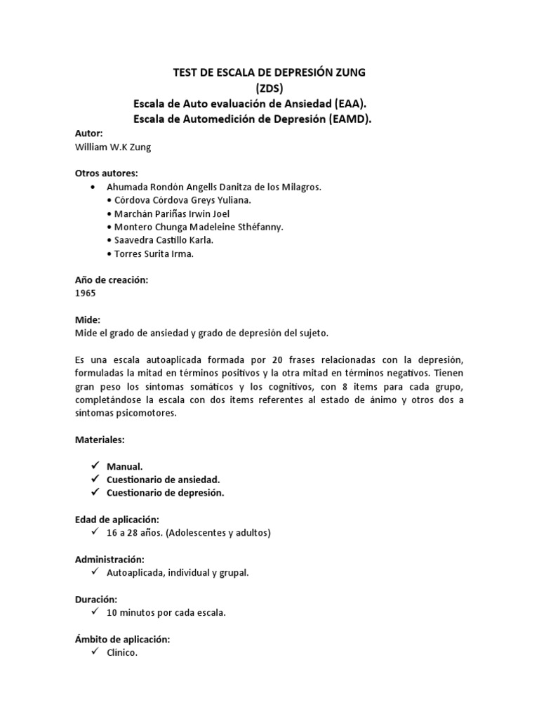 Test de Escala de Depresión Zung | PDF