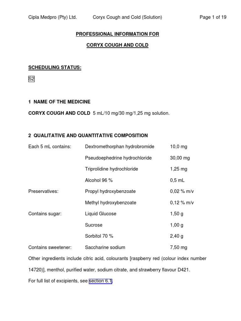 Coryx Cough and Cold Syrup Overview | PDF | Pharmacology | Diseases And ...