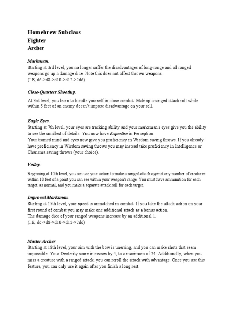 Homebrew Subclass Archer Fighter | PDF