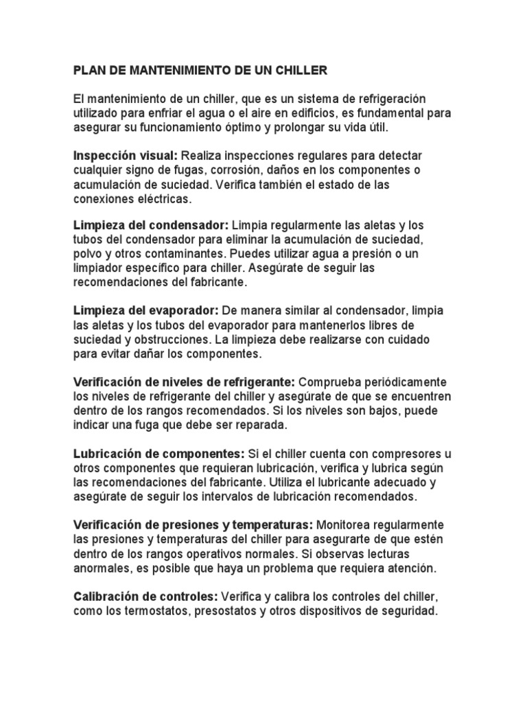 Plan de Mantenimiento de Un Chiller | PDF | Agua | Lubricante
