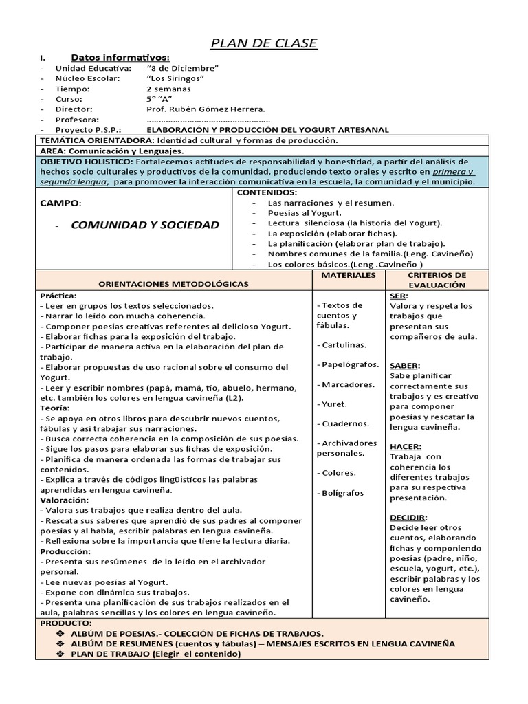 Nuevo Plan de Clase. Modelo | Descargar gratis PDF | Evaluación | Bolivia