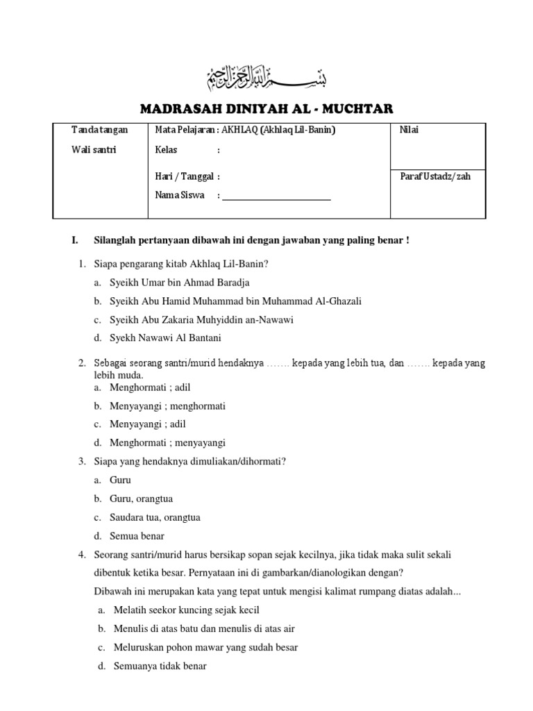 Soal Akhlaq (Akhlaq Lil-Banin) | PDF