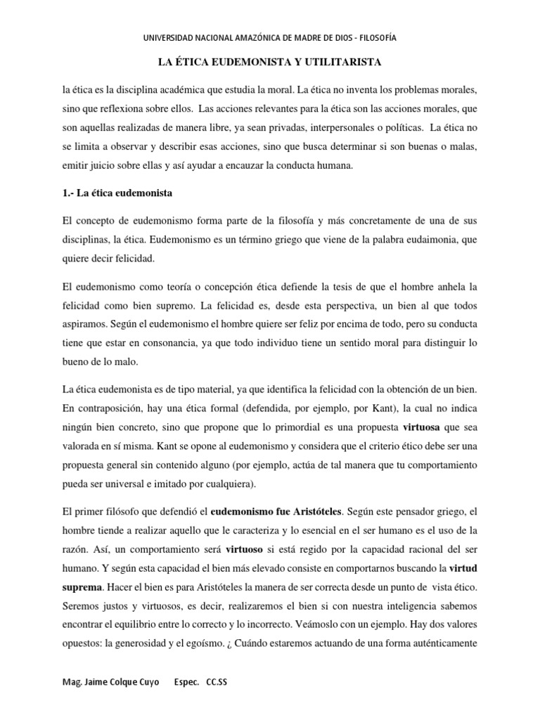 Tarea #09 La Etica Eudemonista y Utilitatrista 2023-I | PDF ...