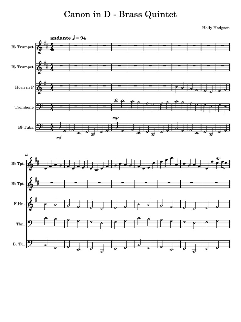 Canon in D - Brass Quintet | PDF | Musical Instruments | Pitch (Music)