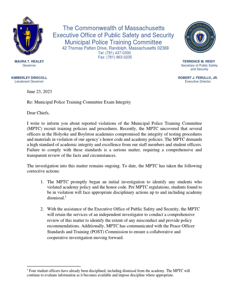 Letter To Chiefs - MPTC Test Integrity | PDF | Integrity | Disciplines