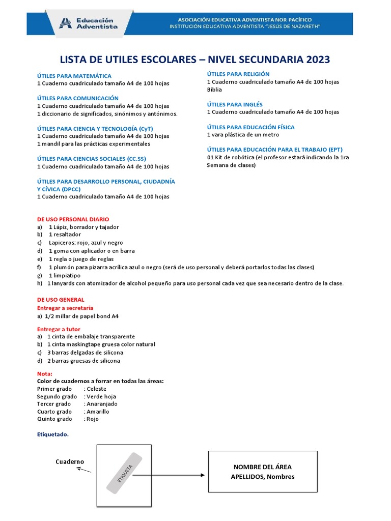 Lista de Utiles Secundaria | PDF