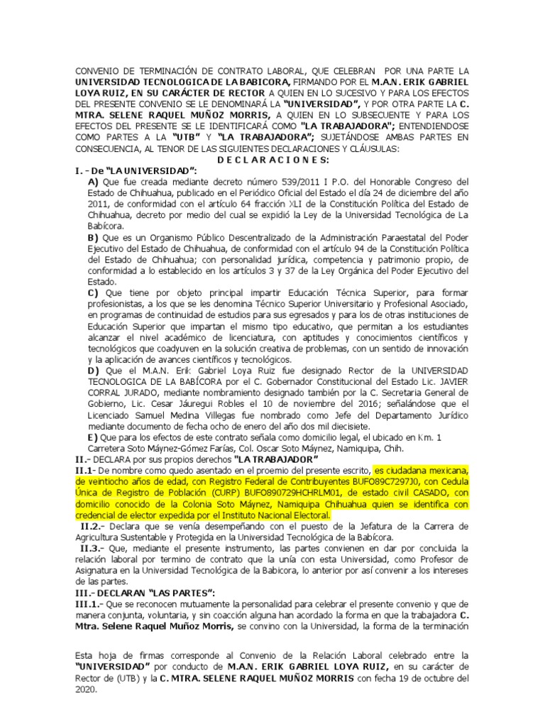 CONVENIO DE TERMINACIÓN DE CONTRATO LABORAL-SELENE RAQUEL MUÑOZ MORRIS | PDF | Gobierno