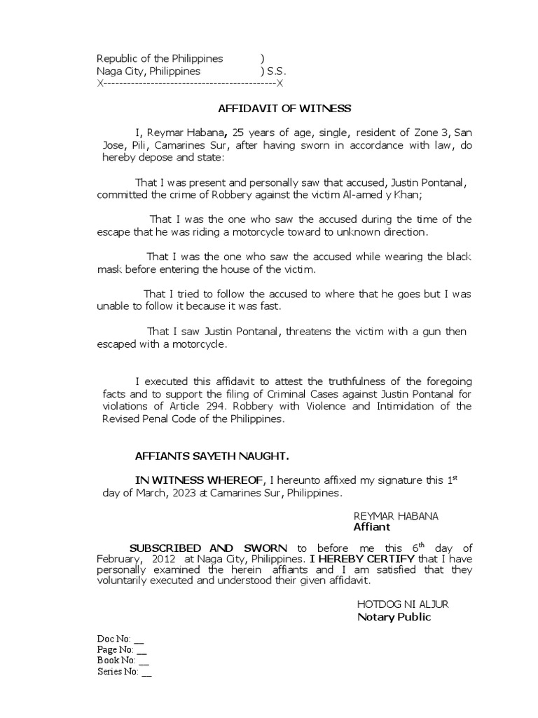 Affidavit of Witness | PDF | Social Science | Law