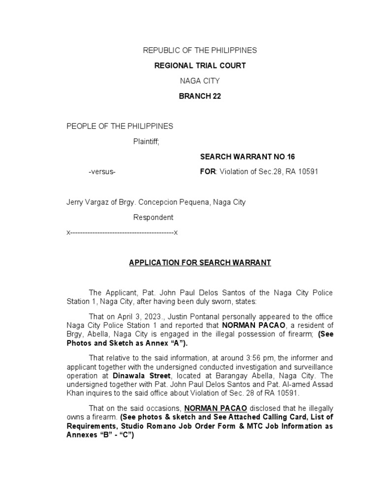 Application for Search Warrant in Naga City | PDF | Search Warrant ...
