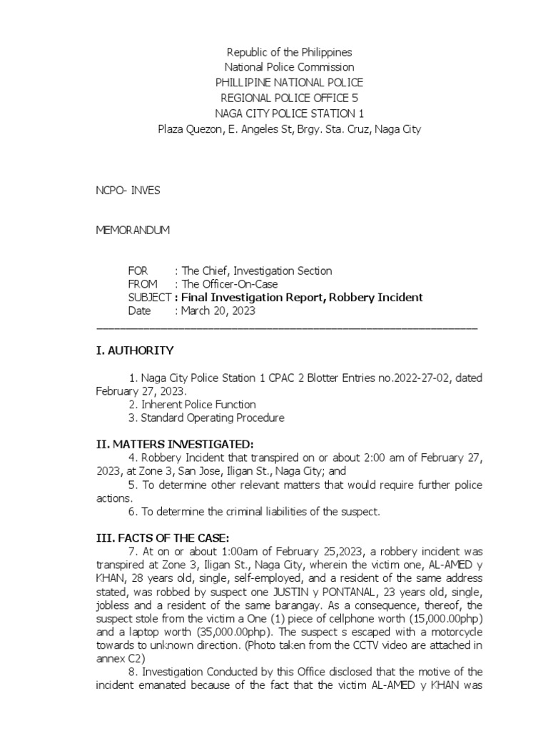 Final Investigation Report | PDF | Robbery | Crimes