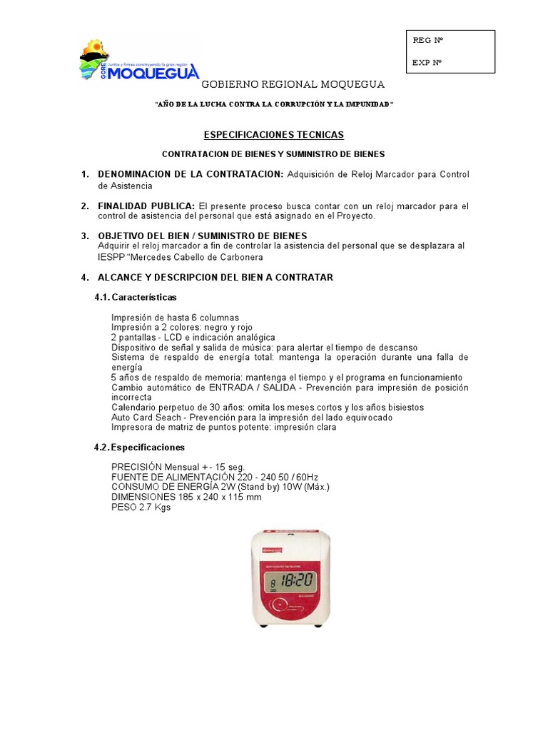 Adquisición de Reloj Tarjetero para Asistencia | PDF