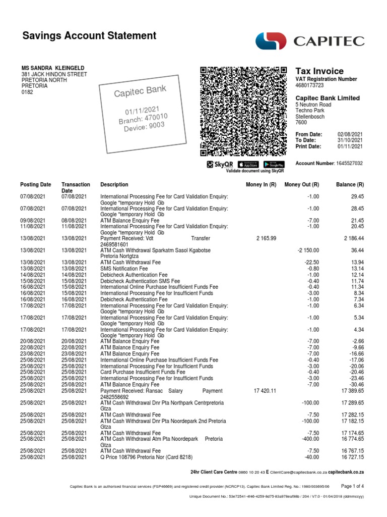 Savings Account Statement: Capitec B Ank | PDF | Automated Teller ...