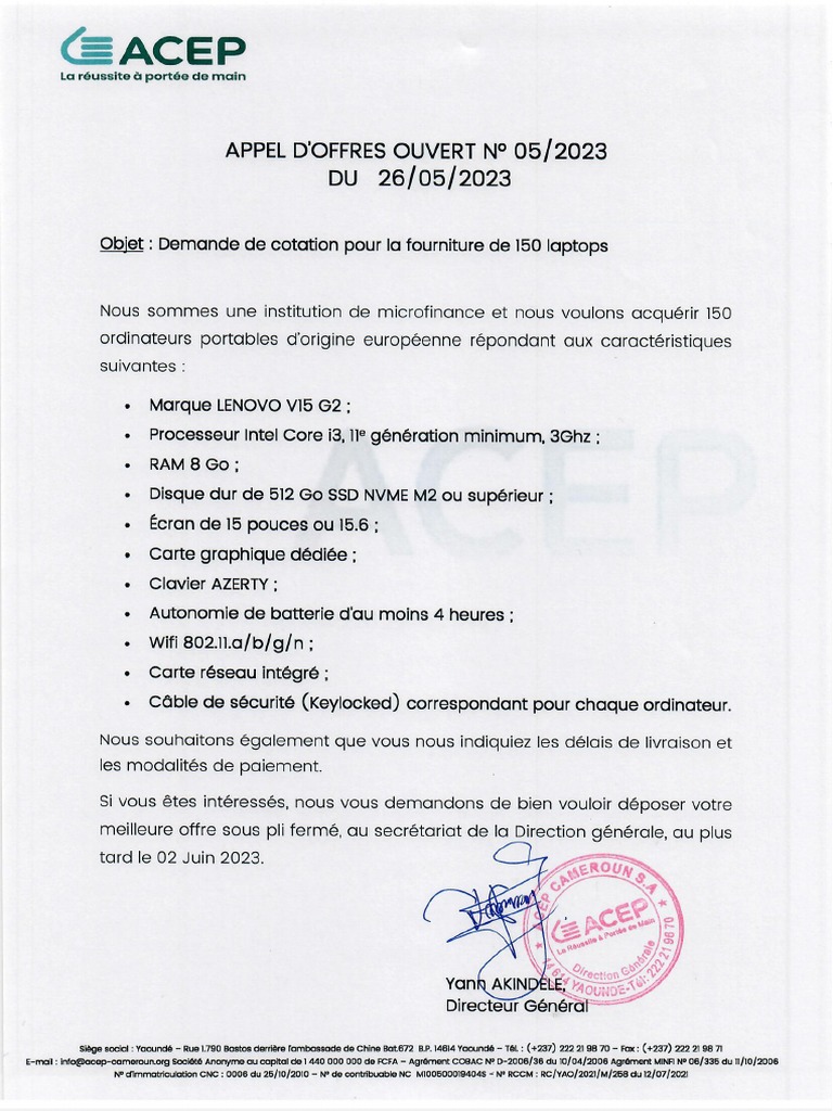 Demande de Cotation 150 Laptops | PDF