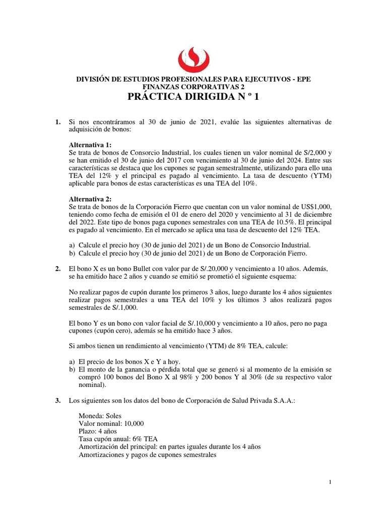 Práctica Dirigida 1 | PDF | Bonos (Finanzas) | Renta Fija