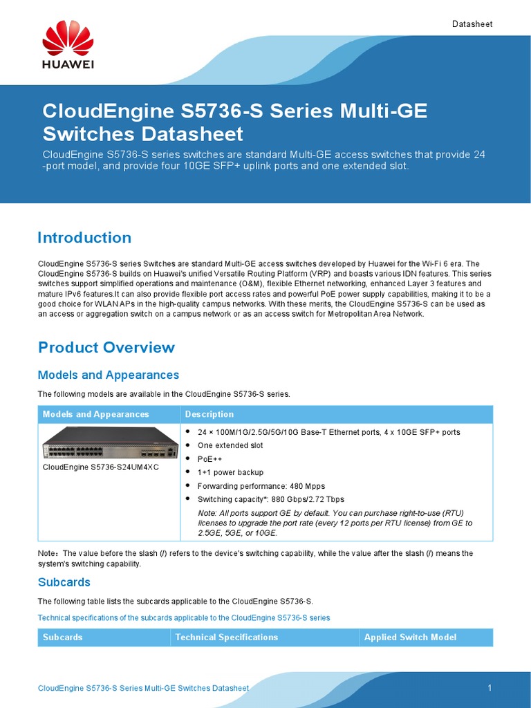 Huawei CloudEngine S5736-S Series Multi-GE Switches Datasheet | PDF | Network Switch | Computer ...