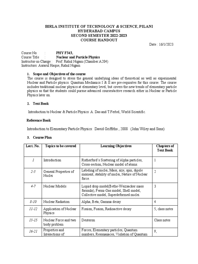 Phy F343 - 2023 | PDF | Nuclear Physics | Atomic Nucleus