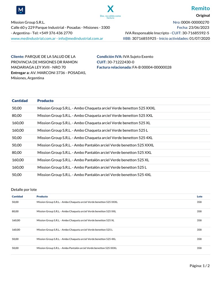 Remito 000x-00000270 - Parque de La Salud de La Provincia de Misiones DR Ramon Madariaga Ley ...