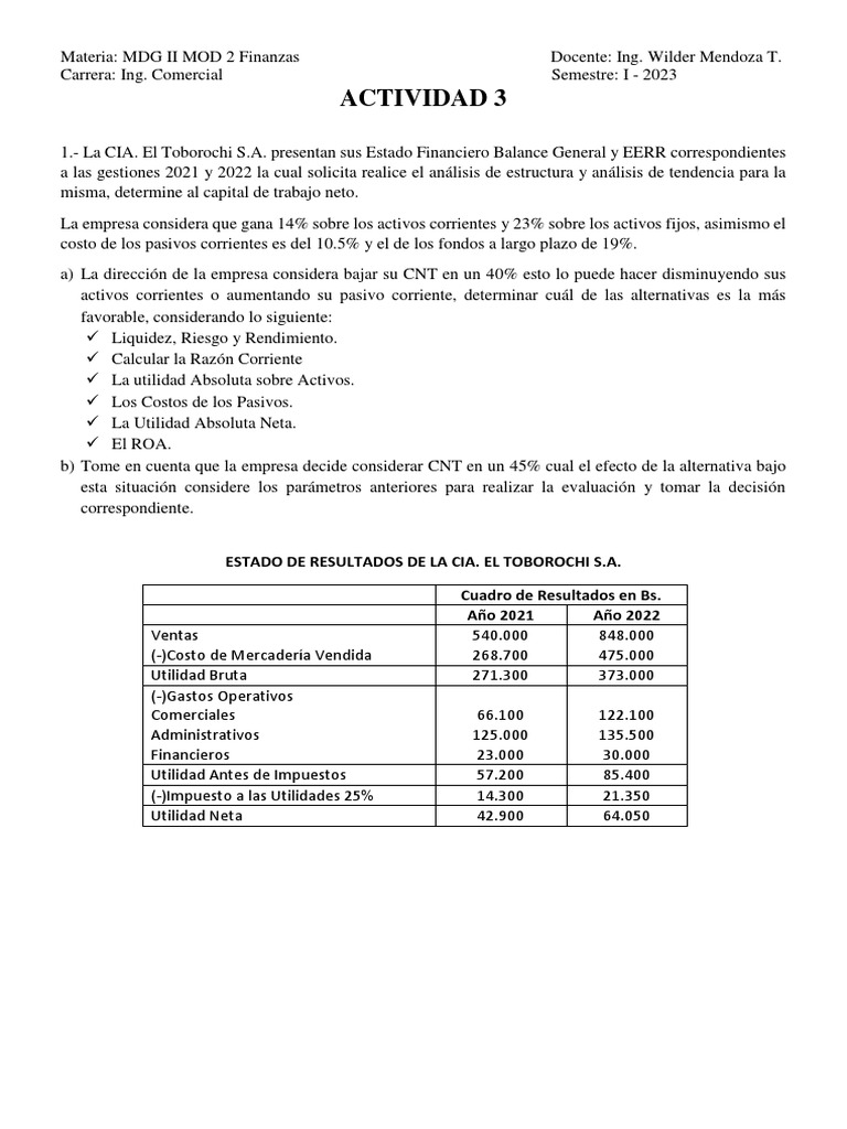 Actividad 3 Practico 2 Mod 2 Finanzas G-I-23 | PDF | Tasa interna de retorno | Hoja de balance