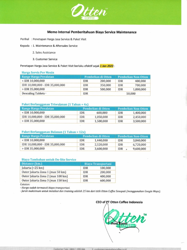 Biaya Service Otten 2023 | PDF