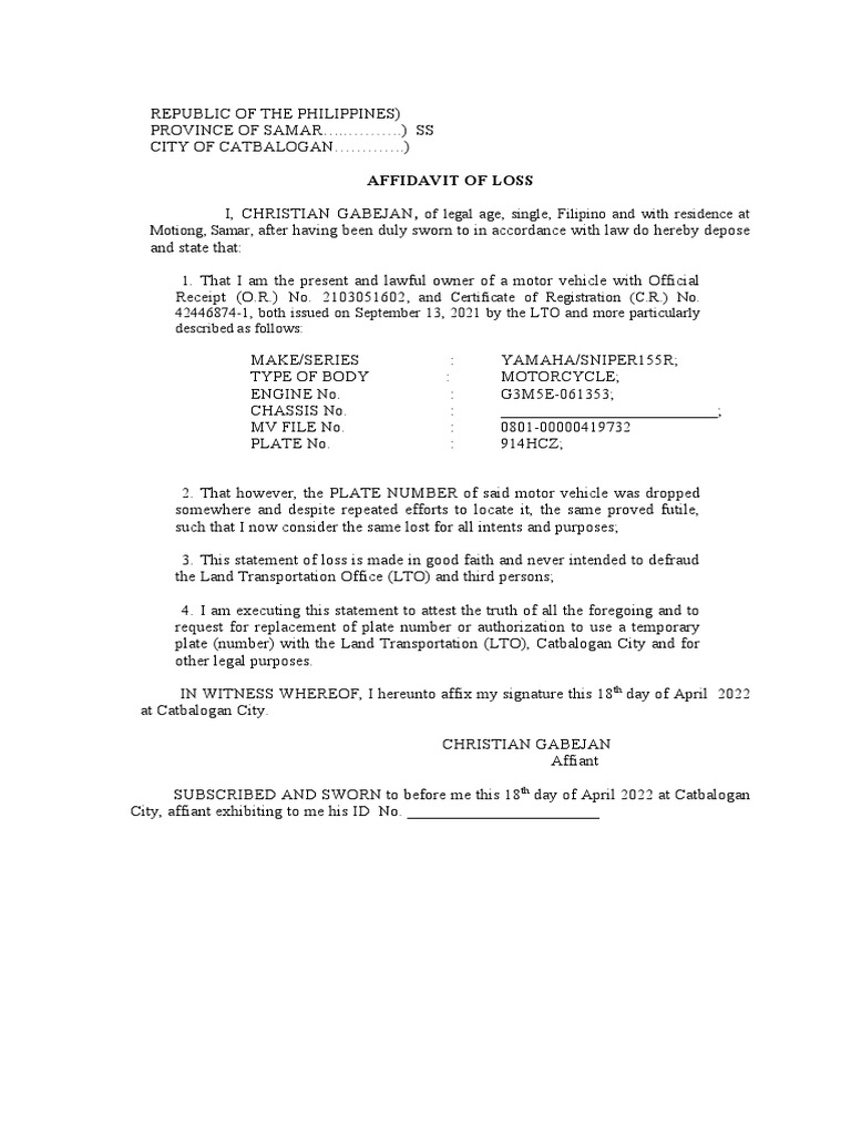 Affidavit of Loss - Plate Number | PDF | Affidavit | Common Law