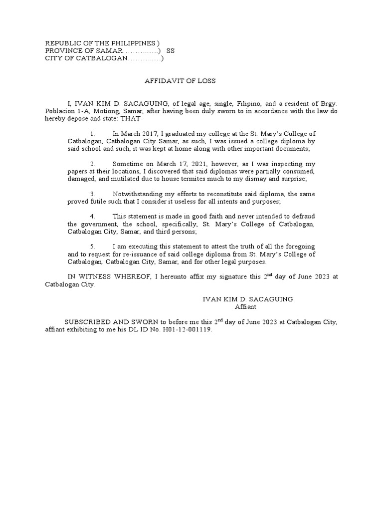 Affidavit of Loss - TOR - Transferee - Diploma | PDF | Affidavit ...