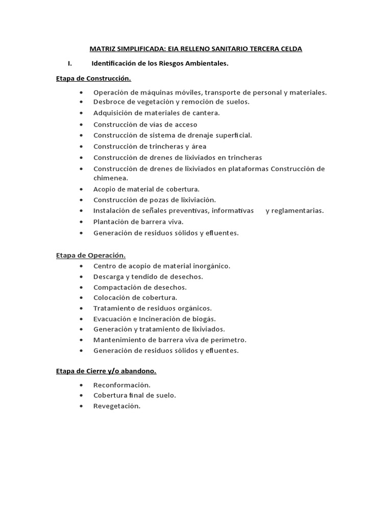 Matriz Simplificada Eia Relleno Sanitario | PDF | Residuos | Vertedero