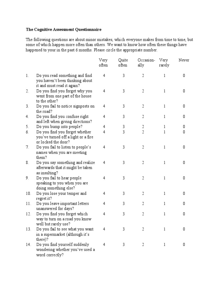 Cognitive Assessment Questionnaire PBHC | PDF | Attention | Cognition Cognitive Assessment Questionnaire PBHC | PDF | Attention | Cognition