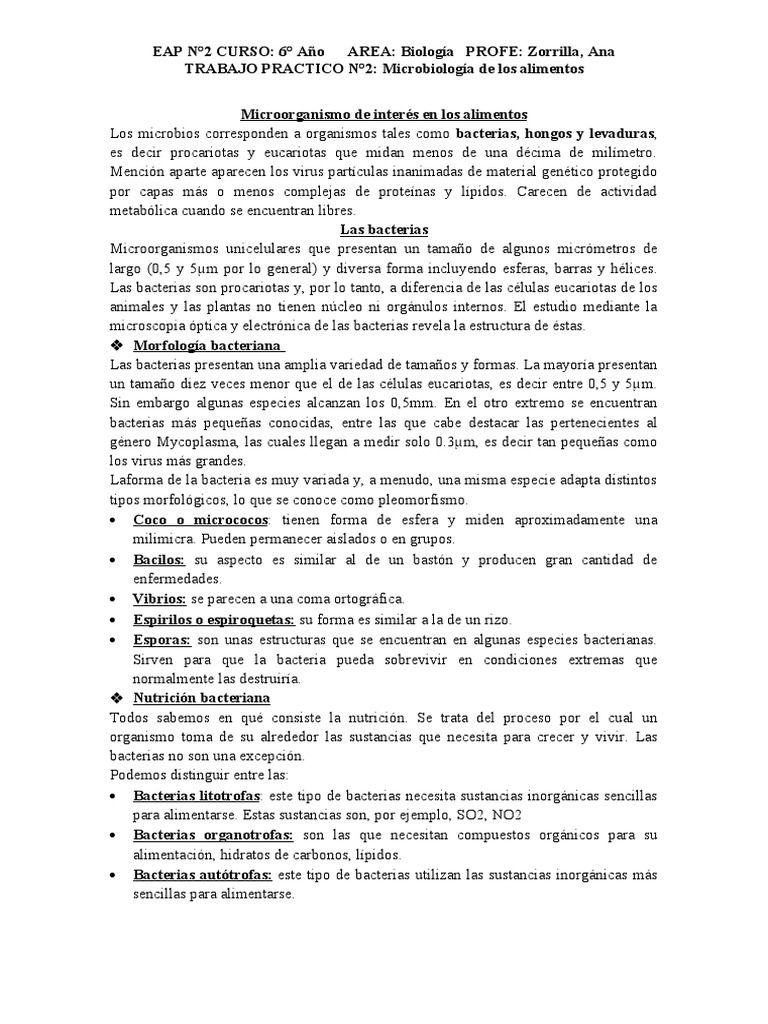 2° TP Bio-Microbiologia de Los Alimentos-6°año | PDF | Las bacterias | Microorganismo
