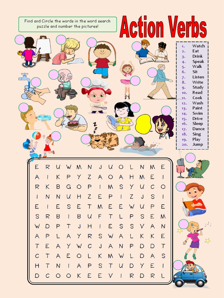 Action Verbs Wordsearches - 101486 | PDF | Word Search | Linguistics