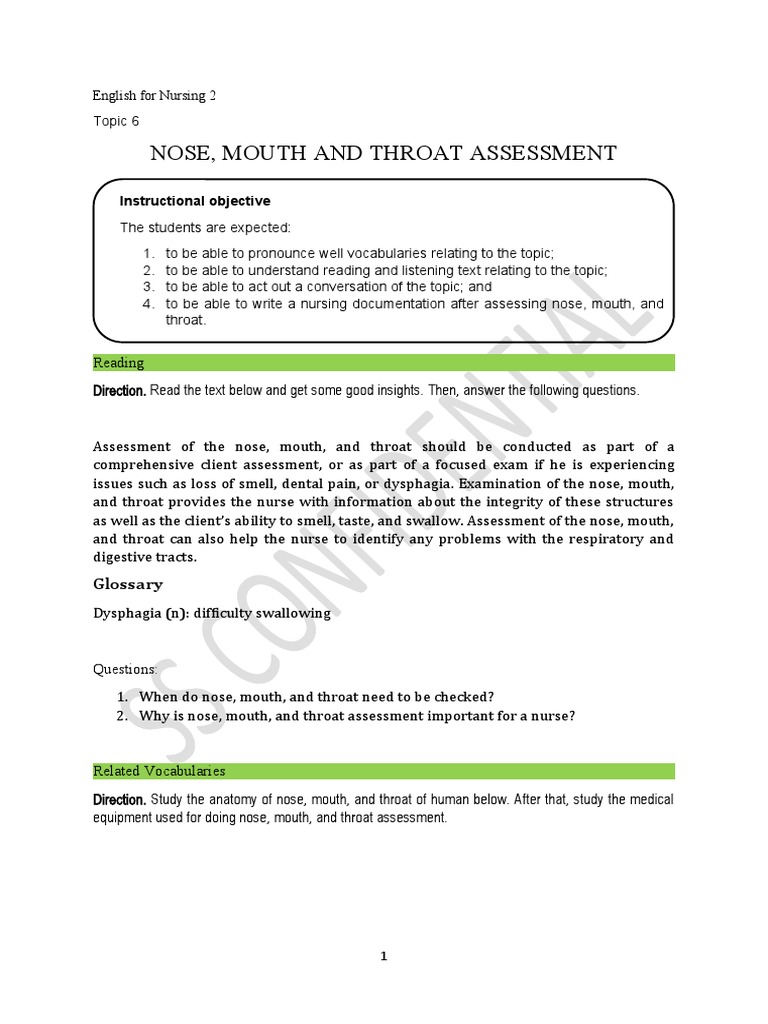 LEARNING MATERIAL TOPIC 6 NOSE, MOUTH, AND THROAT ASSESSMENT | PDF ...