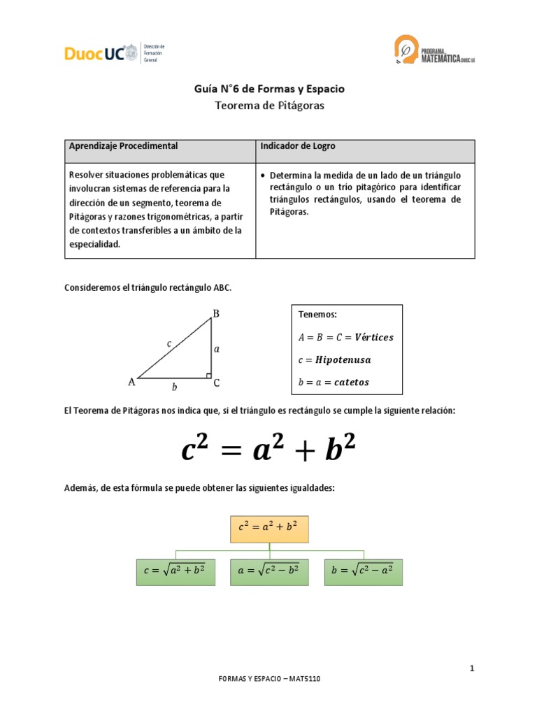 Guía N°6 de Formas y Espacio - Teorema de Pitágoras | PDF | Triángulo | Geometría Elemental
