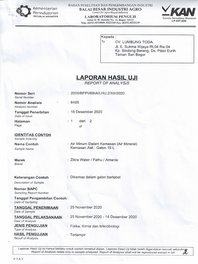 hasil uji air galon | PDF