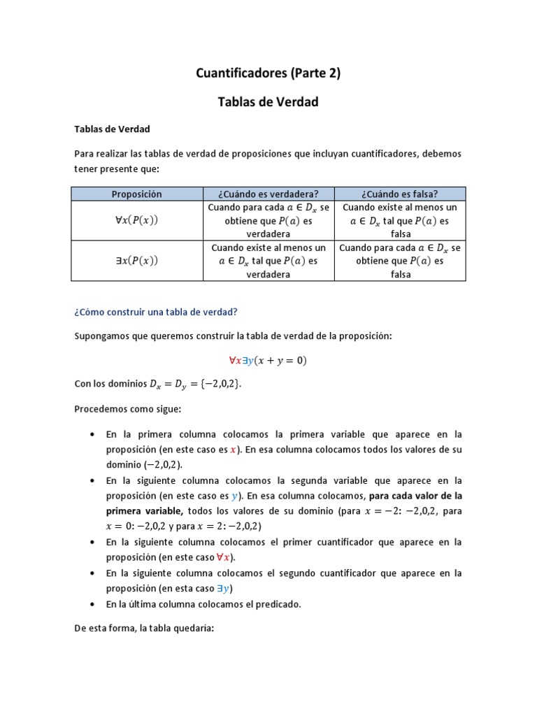 Tablas de Verdad y Cuantificadores | PDF | Verdad | Proposición