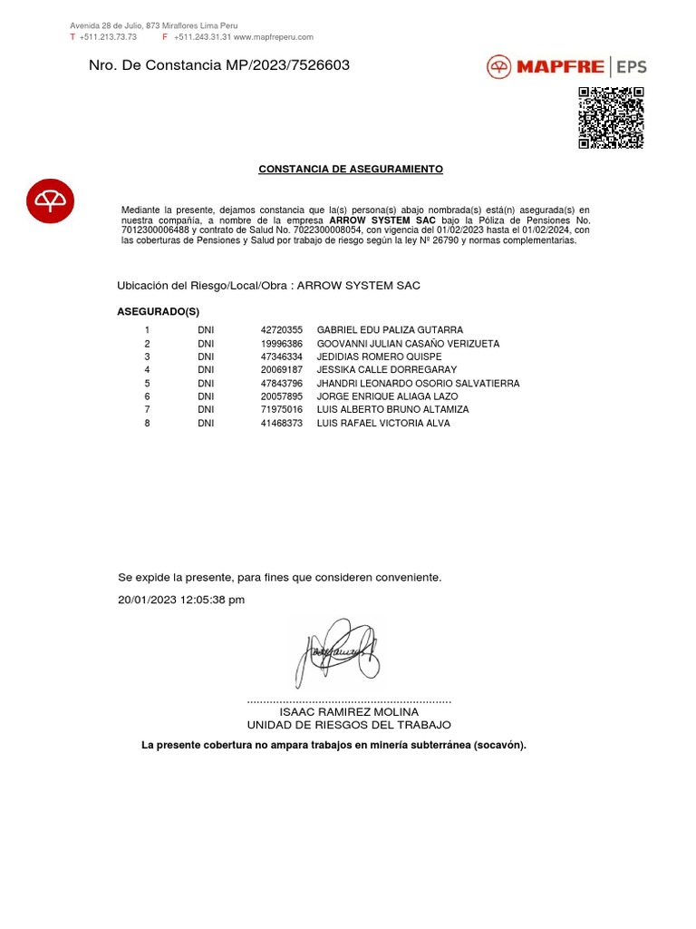 Constancia SCTR Pension y Salud Feb 2023 - Ene 2024 | PDF