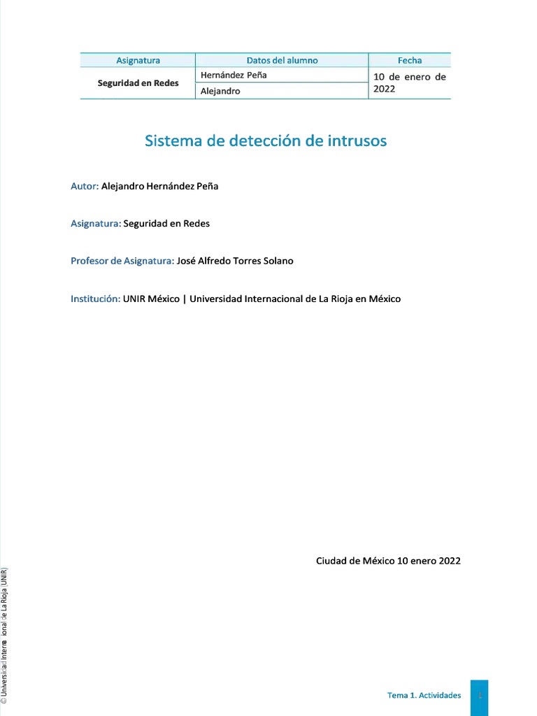 PDF Actividad Indivual Seguridad Redes Actividad 2 Sistema de Deteccion de Intrusos Alejandro ...