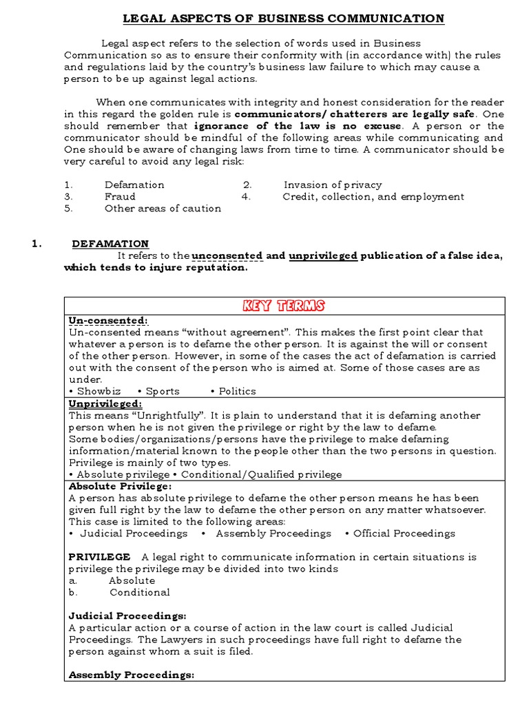 ST Notes - LEGAL ASPECTS OF BUSINESS COMMUNICATION | PDF | Defamation ...