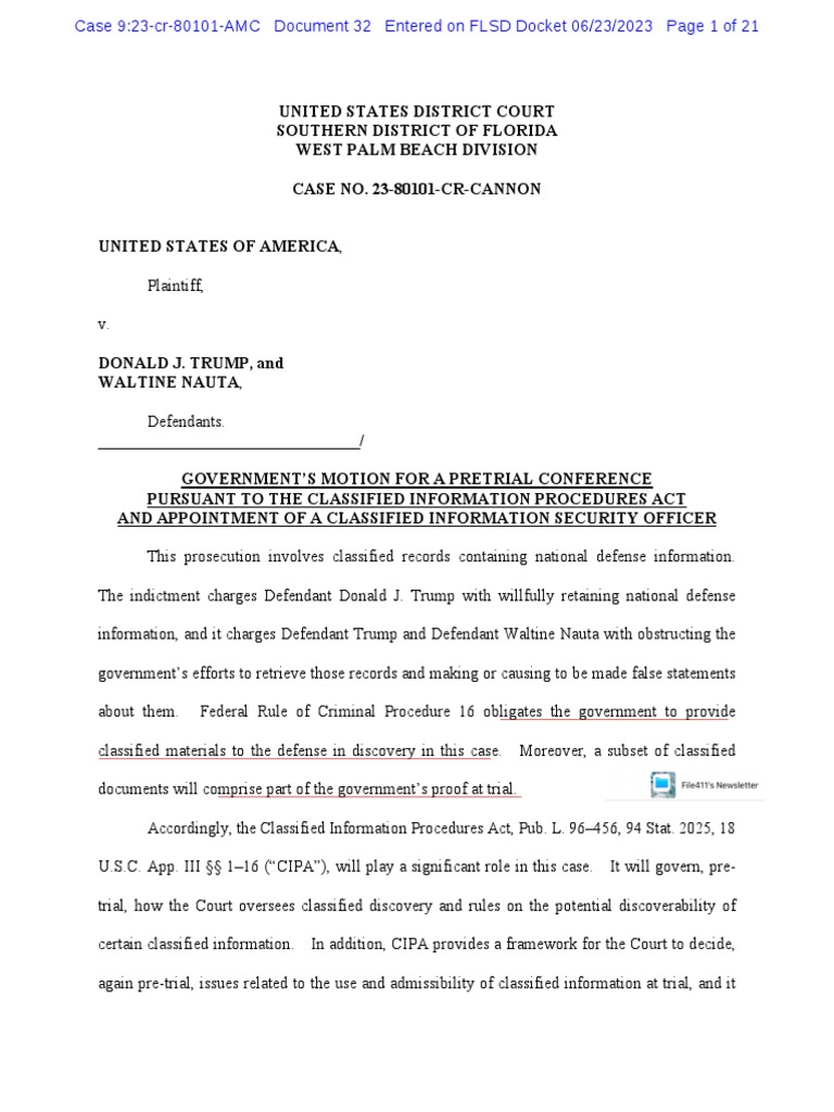 Pretrial Conference Motion in Trump Case | PDF | Discovery (Law ...