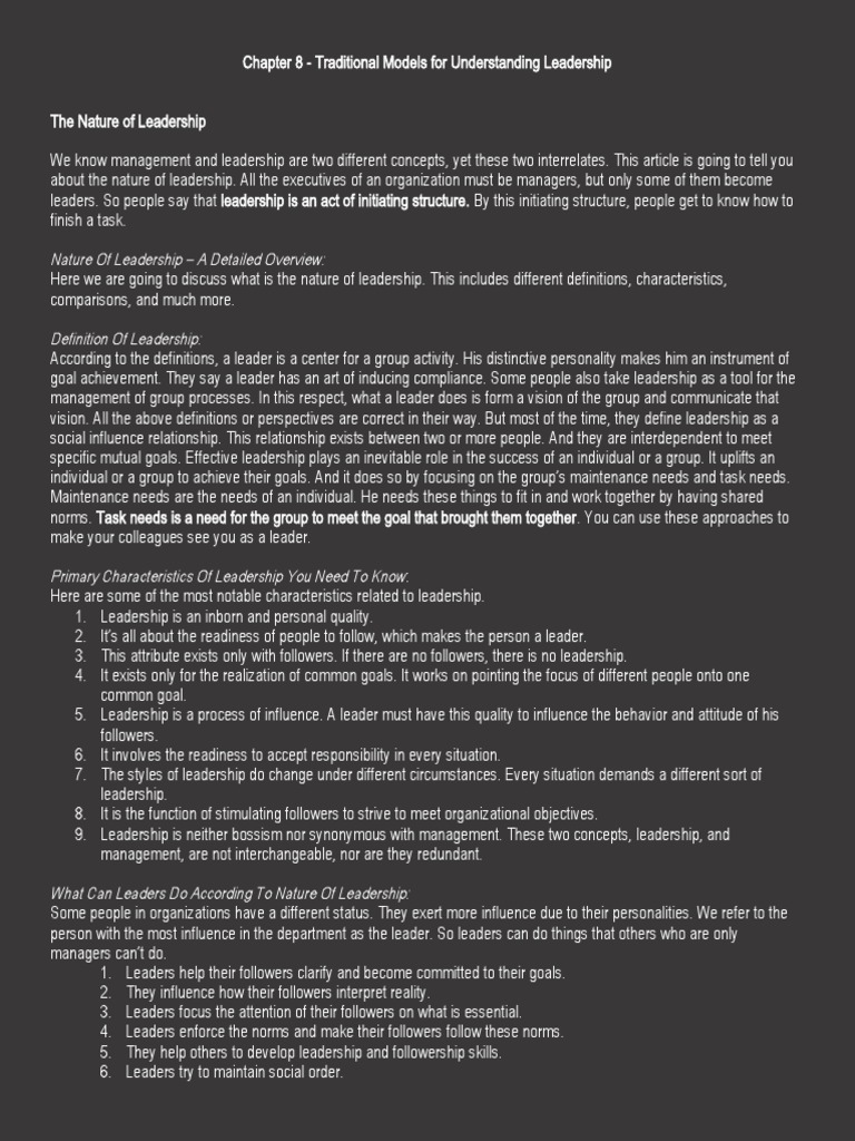 Chapter 8 - Traditional Models for Understanding Leadership | PDF ...