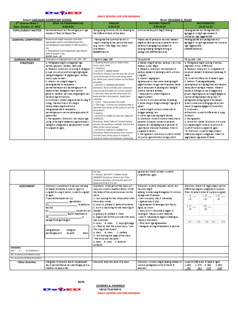 Monday Lesson Plan: Casilagan Elementary | PDF
