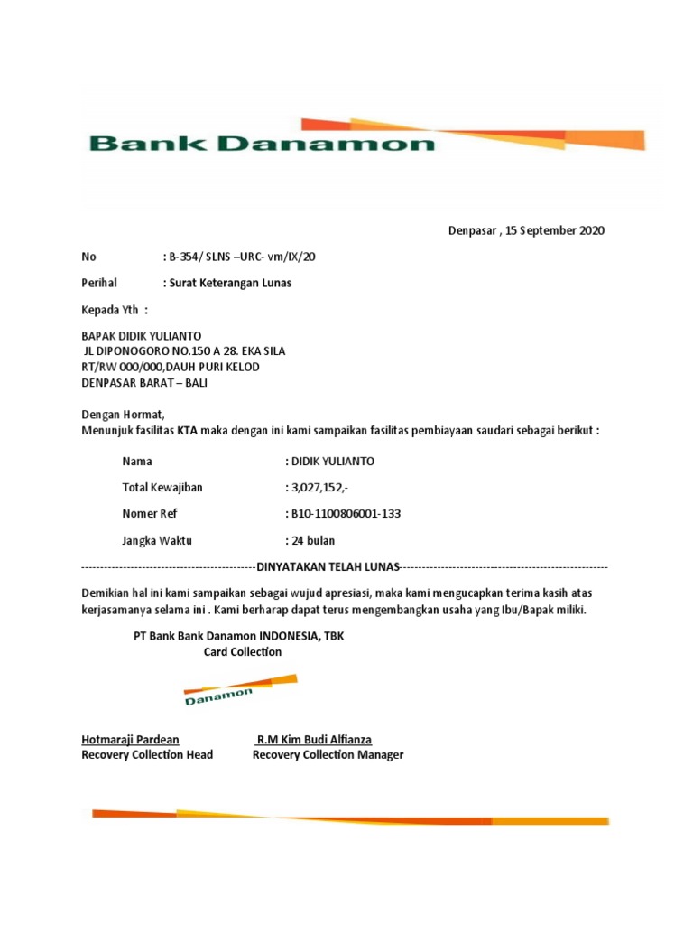 Surat Keterangan Lunas KTA Danamon | PDF