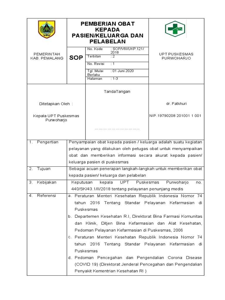 Sop Pemberian Obat KPD Pasien Atau Keluarga | PDF